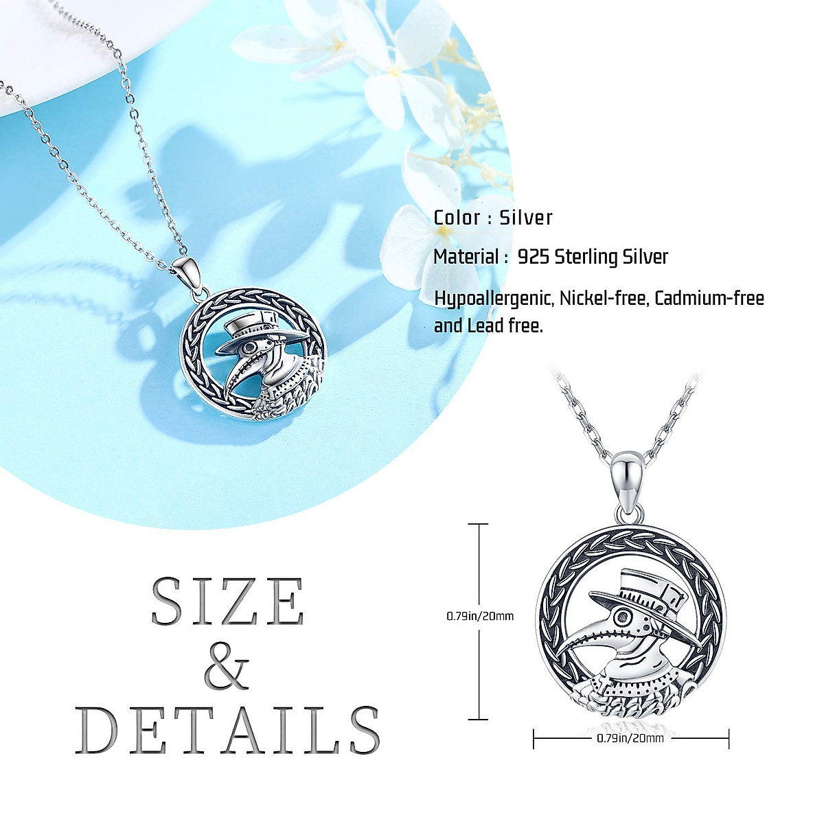 JUSTKIDSTOY Plague Doctor Necklace 925 Sterling Silver Steampunk Pendant Necklace Halloween Jewelry Gothic Gifts for Women