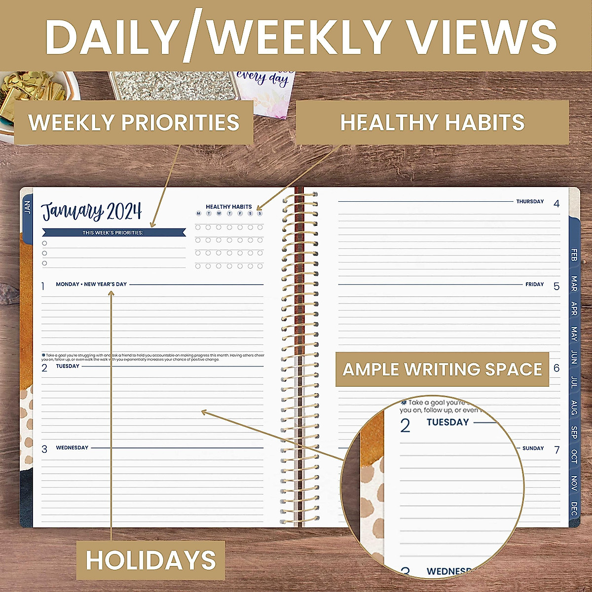 bloom daily planners 2024 (8.5" x 11") Calendar Year Day Planner (January 2024 - December 2024) - Weekly/Monthly Dated Agenda Organizer with Tabs - Earthy Abstract, Blue