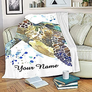 CUXWEOT Custom Blanket with Name Text,Personalized Sea Turtle Watercolor SplashSuper Soft Fleece Throw Blanket for Couch Sofa Bed (50 X 60 inches)