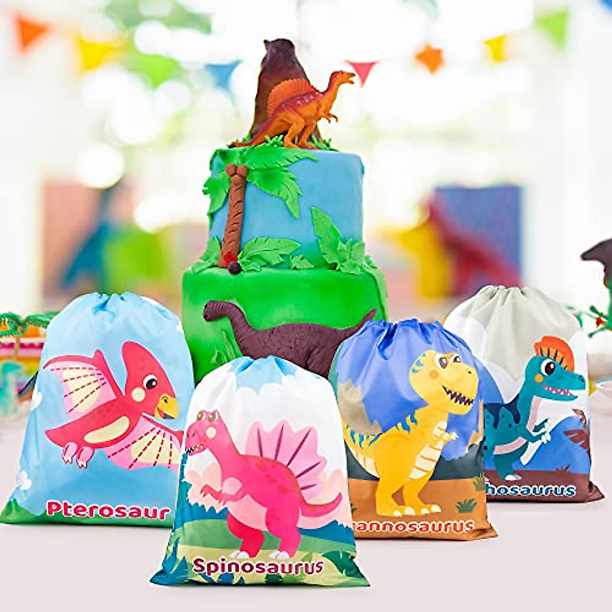 Mocoosy 12 Pack Dinosaur Party Favor Drawstring Bags - Dinosaur Party Bags for Kids Birthday, Dino Goodie Candy Treat Gift Bags for Boys Girls Dino Backpack Bags for Dinosaur Themed Birthday Party Baby Shower Supplies