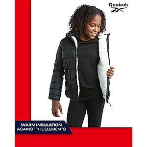 Reebok Girls' Winter Jacket - Heavyweight Quilted Puffer Parka Coat - Sherpa Lined Ski Jacket for Girls (4-16), Size 7-8, Black