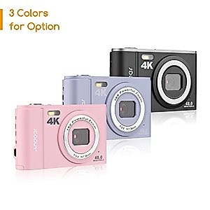 Andoer Portable Digital Camera 48MP 4K 2.8-inch IPS Screen 16X Zoom Self-Timer 128GB Extended Memory Face Detection Anti-Shaking with 2pcs Batteries 32GB Memory Card Hand Strap Carry Pouch