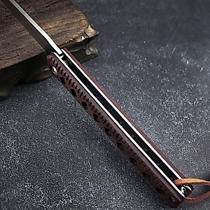 HUAAO 7.3’’ Folding Pocket Knife, EDC Small Knife with D2 Steel Blade, Rosewood Handle, Liner Lock, Flipper Open, for Camping Hunting Outdoor