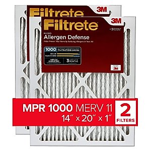 Filtrete 14x20x1 AC Furnace Air Filter, MERV 11, MPR 1000, Micro Allergen Defense, 3-Month Pleated 1-Inch Electrostatic Air Cleaning Filter, 2 Pack (Actual Size 13.781 x 19.781 x 0.84 in)