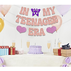 in My Teenager Era Banner,OMG UR a Teenager 13th Birthday Party Decorations,Butterfly Theme Girls 13th Birthday Party Decor,Happy 13th Birthday Anniversary Party Supplies Rose Gold Purple Red