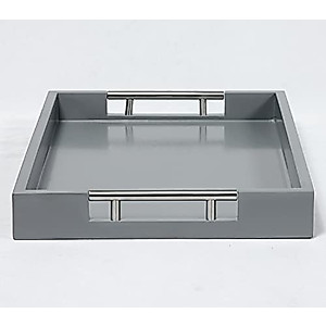 Serving Tray with Polished Metal Handles, 16.5''x12'' Rectangle Coffee Table Tray, Modern Decorative Tray, Large Ottoman Tray, Perfect for Storage and Display (Grey)