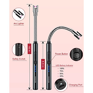 Candle Lighter Electric Arc Lighter with USB Rechargeable Battery Plasma Flameless & Windproof Lighters Double Safety Switch (Obsidian Black)