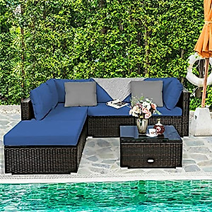 LUKEO 6PCS Outdoor Patio Rattan Furniture Set Cushioned Sectional Sofa Navy for Your Garden, Balcony and Poolside