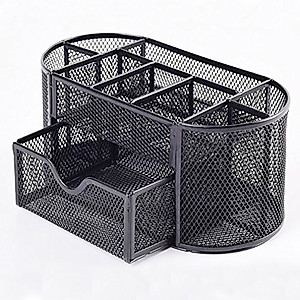 MONBLA Desk Supplies Organizer Multi-functional Stationery Caddy Mesh Oval Pencil Holder Desk Office Supplies Organizer 9 Compartments with Drawer for Note Pads Black