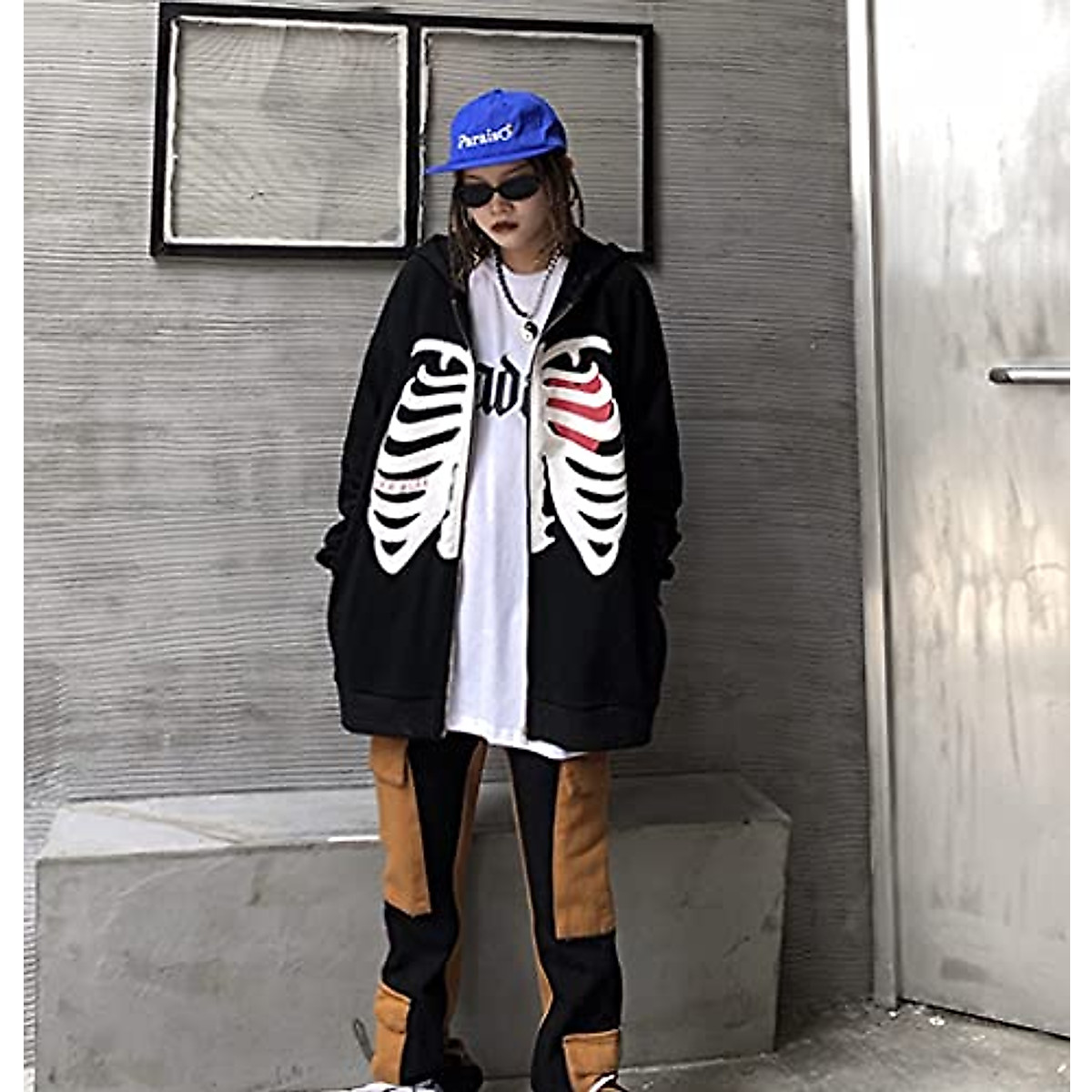 Women Zip Up Hoodies Goth Skeleton Rib Cage Graphics Y2K Harajuku Novelty Sweatshirt Black