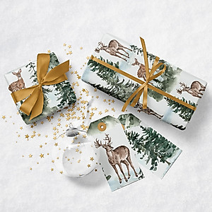 WRAPAHOLIC Kraft Christmas Wrapping Paper - Mini Roll - 17 Inch x 33 Feet - Watercolor Elk and Winter Forest Landscape Design for Christmas, Holiday, Party Celebration