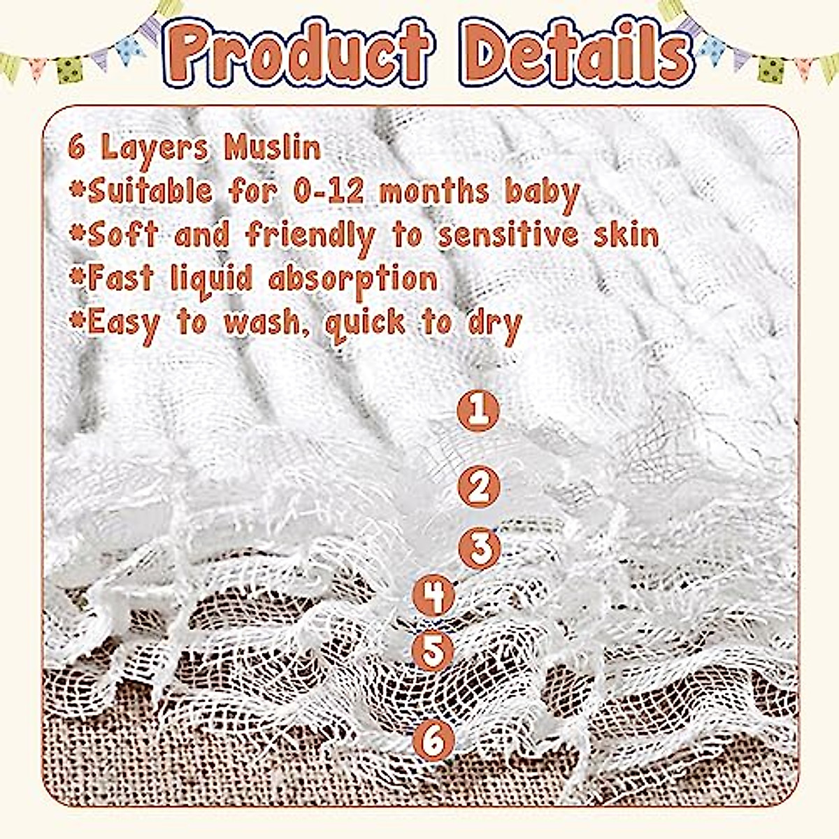 Zainpe 6Pcs Muslin Baby Burp Cloths for Baby Cotton Soft Burping Cloths with 6 Absorbent Layers Drooling Bib Newborn Towel for Unisex Infant Toddler Boys Girls Feeding Teething Sleeping 19.7 X 10.6 in