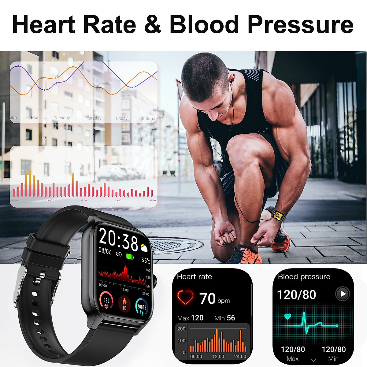 Yihou Fitness Tracker Heart Rate Blood Pressure Watch Blood Oxygen Monitor Pedometer Step Counter Activity Tracker Big Fitness Tracker for Women Men Smart Watch for Android Phones Compatible iPhone