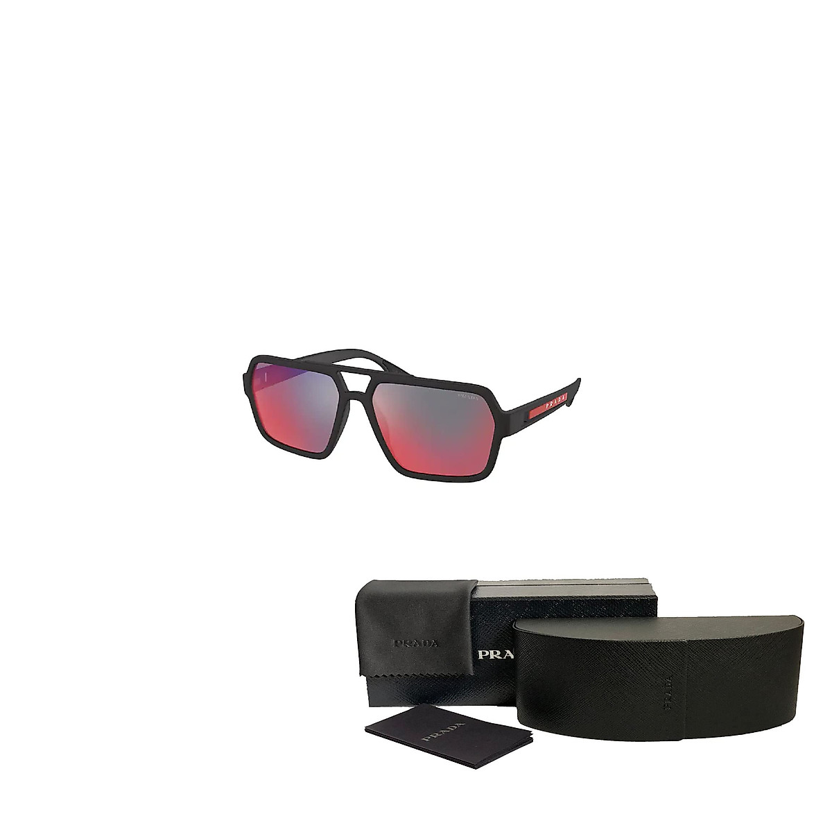 Prada PS01XS DG008F 59MM Black Rubber/Dark Grey Mirror Blue/Red Rectangular Sunglasses for Men + BUNDLE With Designer iWear Eyewear Kit