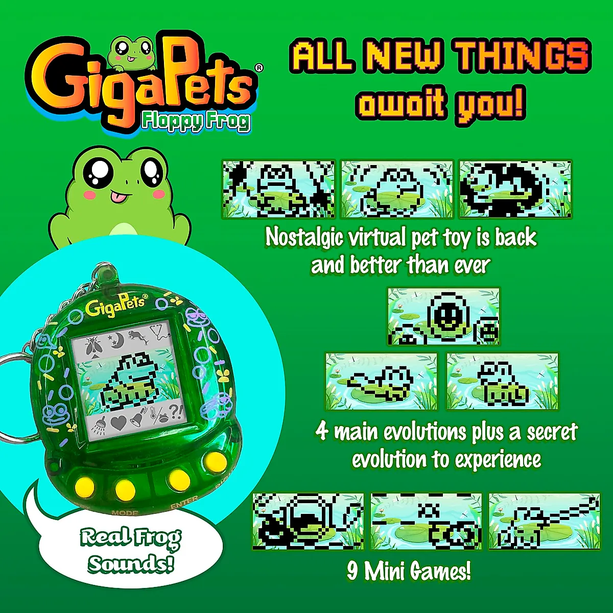 Giga Pet Virtual Pet for Kids Ages 5 and Up, 90s Throwback, Floppy Frog | 25th Anniversary Edition Upgraded Collector’s Edition | Kids Learn to Take Care of a Pet