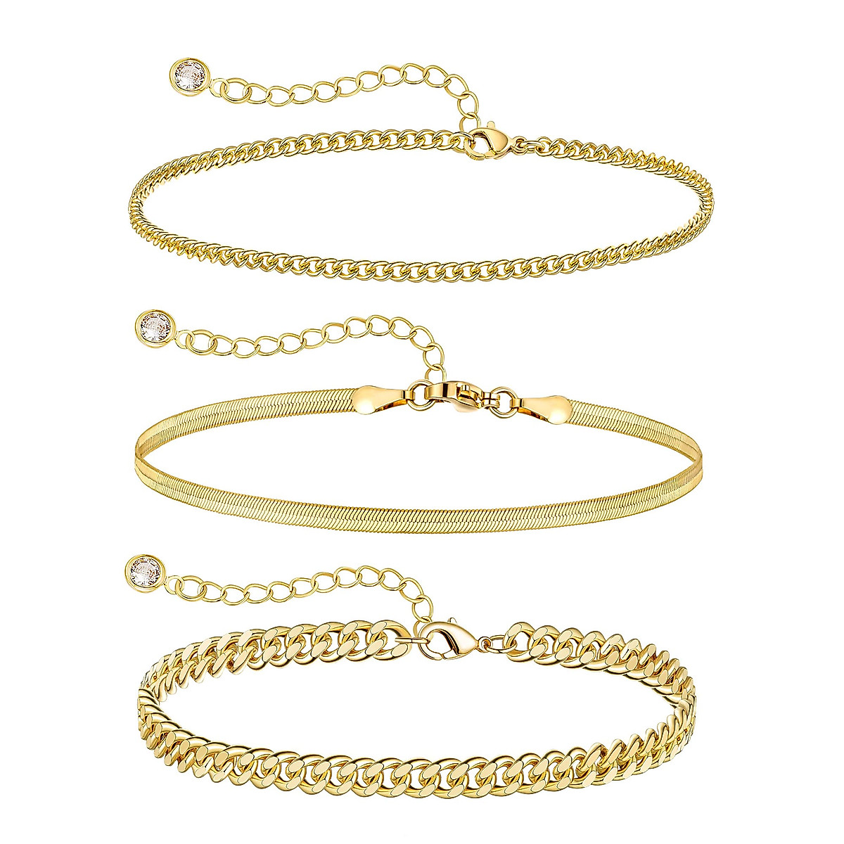 Foxgirl Dainty Gold Bracelets for Women, 14k Gold Plated Layered Bracelets Simple Cute Gold Herringbone Cuban Chain Bracelets for Women Aesthetic Jewelry Gifts