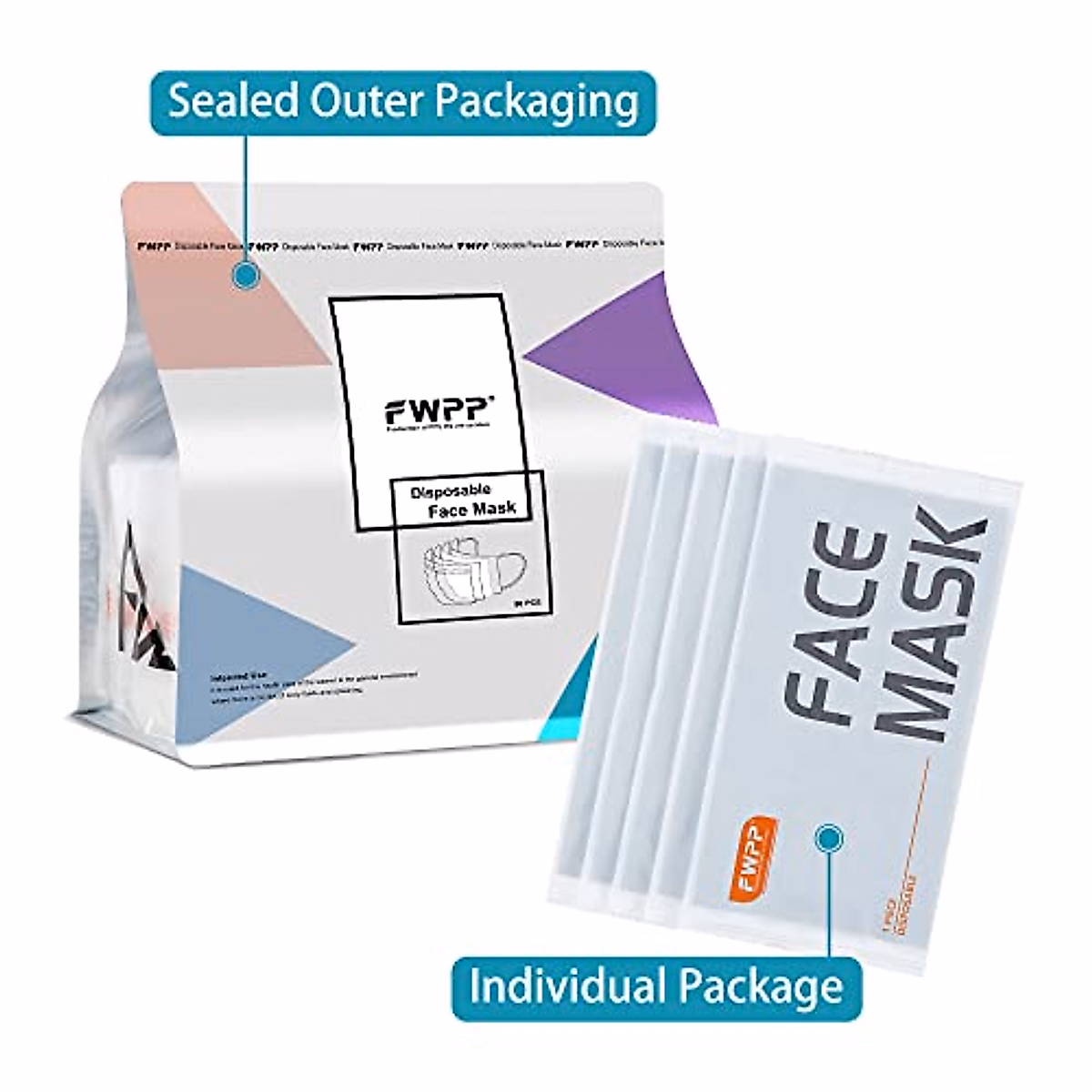 FWPP Adult 4 Ply Disposable Face Masks, Comfortable Elastic Ear Loop Face Mask, Breathable Non-woven Fabric Grey, Individually Wrapped Pack of 50