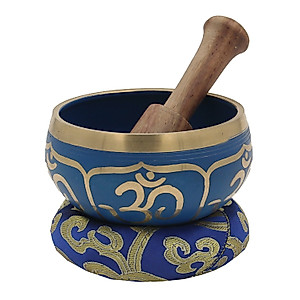 DharmaObjects® Tibetan Blue Yoga Meditation OM Singing Bowl Mallet Cushion Box Gift Set (Navy Blue)