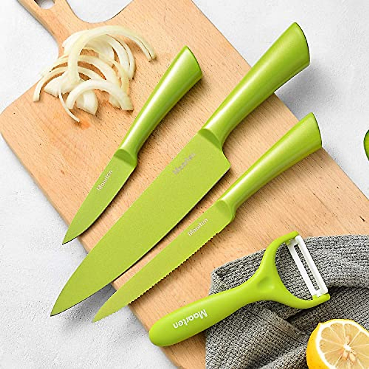 Maarten Kitchen Knives Set - 4 Piece Stainless Steel Chef Knife Set with Sheath - Boxed Knife Sets Gifts for Family (Green)