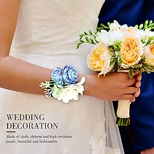 Latious Wedding Prom Wrist Corsage Rose Corsages Wristlet Bridesmaids Hand Flower Wristband Bridal Flowers Decor for Women and Girls (Blue Camellia)