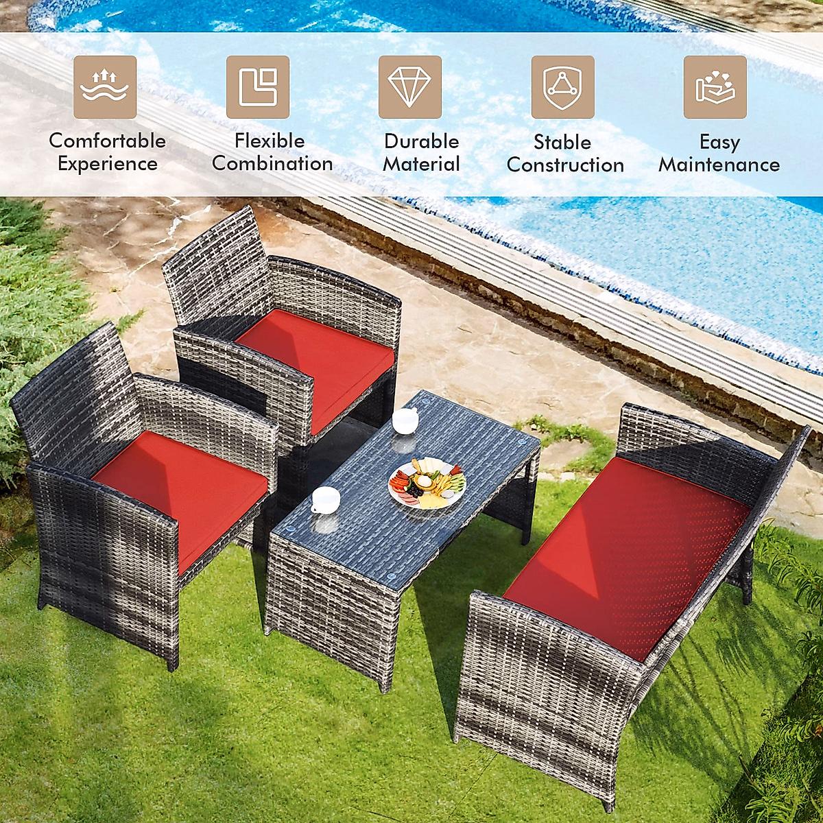 Giantex 4 Pc, Rattan Loveseat & Patio Chairs with Cushioned Seat, Wicker Coffee Table, Outdoor Furniture Front Porch Poolside Garden Lawn Conversation Sets, Mix Grey&red