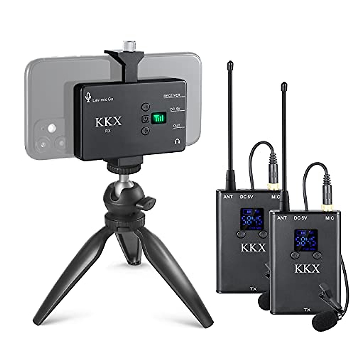 KKX UHF Wireless Lavalier Microphone System Professional Dual Transmitters Wireless Lapel Mic System Compatible with iPhone, DSLR Camera, Camcorder, Conference, Interview & YouTube