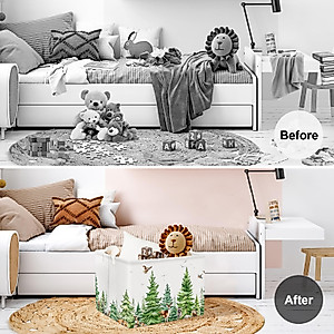 Clastyle Large Watercolor Pine Tree Animal Storage Basket Rectangle Deer Owl Woodland Nursery Decor Basket Hedgehog Raccoon Clothes Toy Book Shelf Basket Baby Nursery Bedroom Living Room Bin