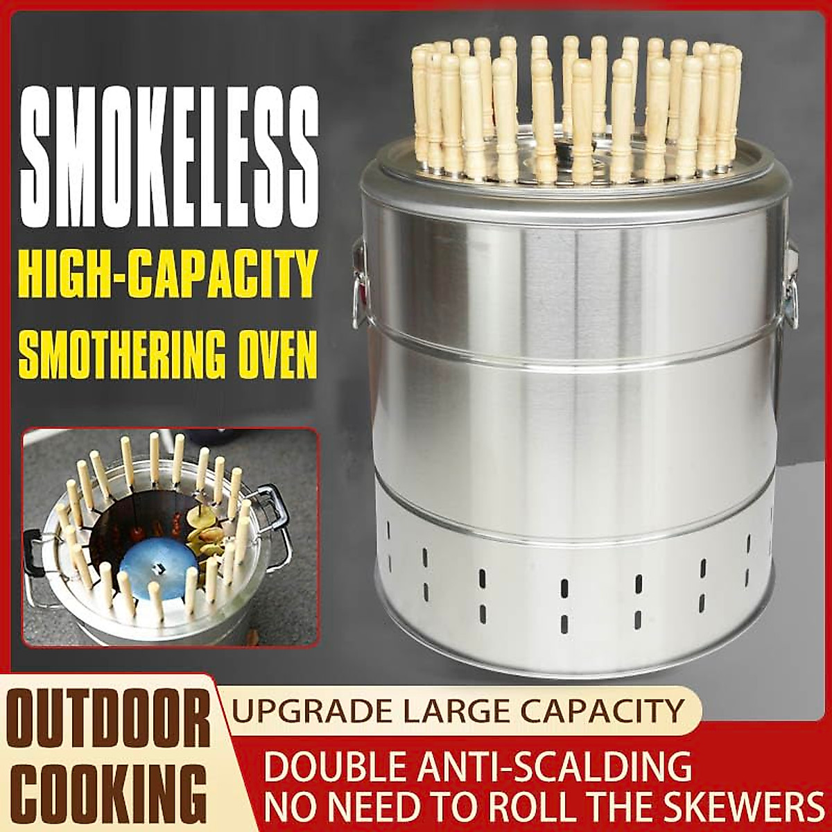 Smokeless Barbecue Hanging Grill With 28 Skewers Stainless Steel Charcoal BBQ Stove Charcoal Braised Grill Barrel Large Capacity Portable 360° All Round Roasting Oven (42cm*39cm (16.5''x15.4''))