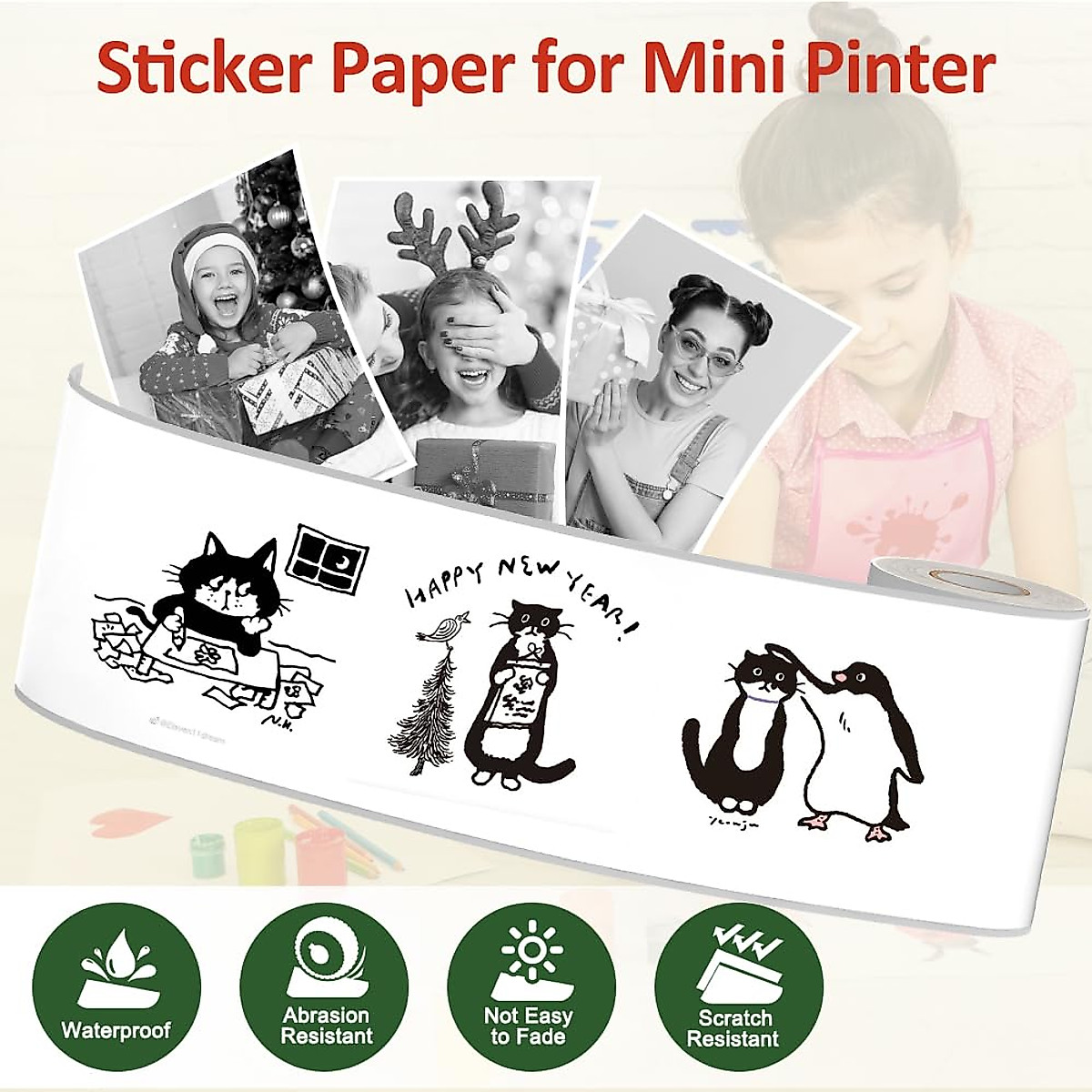 Greateam 57x30mm Thermal Sticker Paper Rolls Mini Printer Stickers for Study Notes Pictures and DIY, 6 Rolls Mini Inkless Thermal Printer Sticker Paper, Black on White