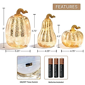 LampLust Gold Glass Pumpkin with Lights - Set of 3, Mercury Glass Style, Batteries Included, Thanksgiving Harvest Decorations, Timer, LED Lighted Gold Pumpkins for Decorating Fall Decor