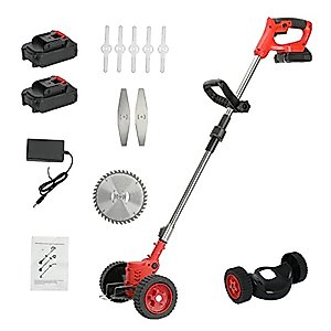 Cordless Grass Trimmer Weed Wacker, Battery Powered 21V 2000mAh Weed Eater, 3-in-1 Wheeled Stringless Weed Cutter, Lightweight Adjustable Height Electric Lawn Mower, Lawn Tool Edger Red US Plug