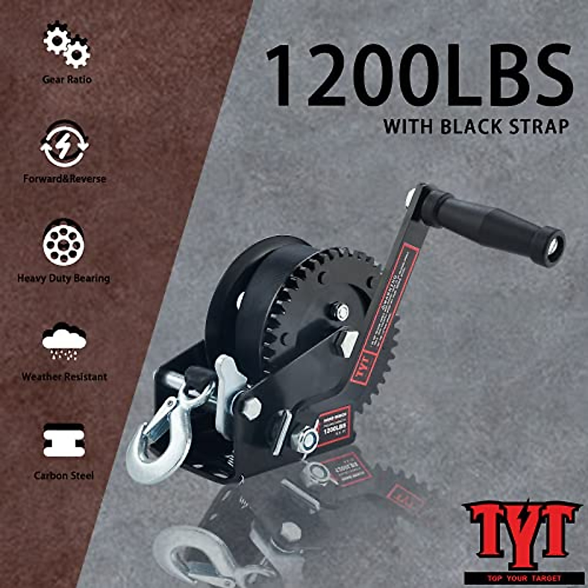 TYT 1200LB Boat Trailer Strap Winch with 8M Black Rope, Standard Mounting Hole Crank Hand Winch with Hook, Two Way Ratchet Manual Gear Winch for Towing Pulling Boat Trailer Truck RV ATV Jet Ski Winch
