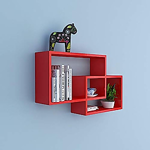 PIBM Stylish Simplicity Shelf Wall Mounted Floating Rack Wooden Background Wall Shelves Storage Wooden Living Room,Length 40Cm / 32Cm,3 Colors Avaliable, Red