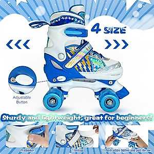 whicow Roller Skates for Boys Girls, 4 Sizes Adjustable Quad Skates for Kids with All Light up Wheels, Full Protection for Toddler's Indoor and Outdoor Sports (Blue, Medium (3Y-6Y US))