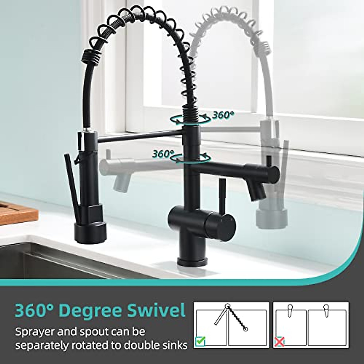 Kicimpro Commercial Faucet with Sprayer, Matte Black Kitchen Faucet Modern Single Handle High Arc Black Stainless Steel Kitchen Bar Sink Faucet for One Hole Or Three Hole Sink