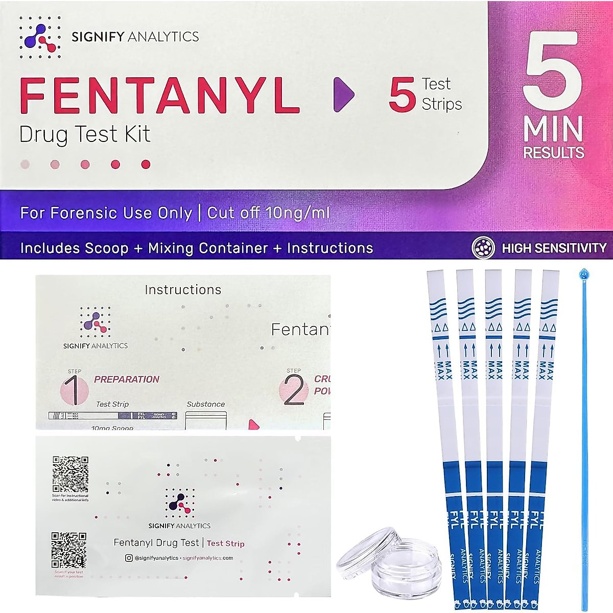 Fentanyl Test Kit | Includes 5 Fentanyl Test Strips | Signify Analytics Ultra-Sensitive Fentanyl Test Strips for Drug Testing | Fentanyl Testing Strips for Pills, Powders, and Liquids