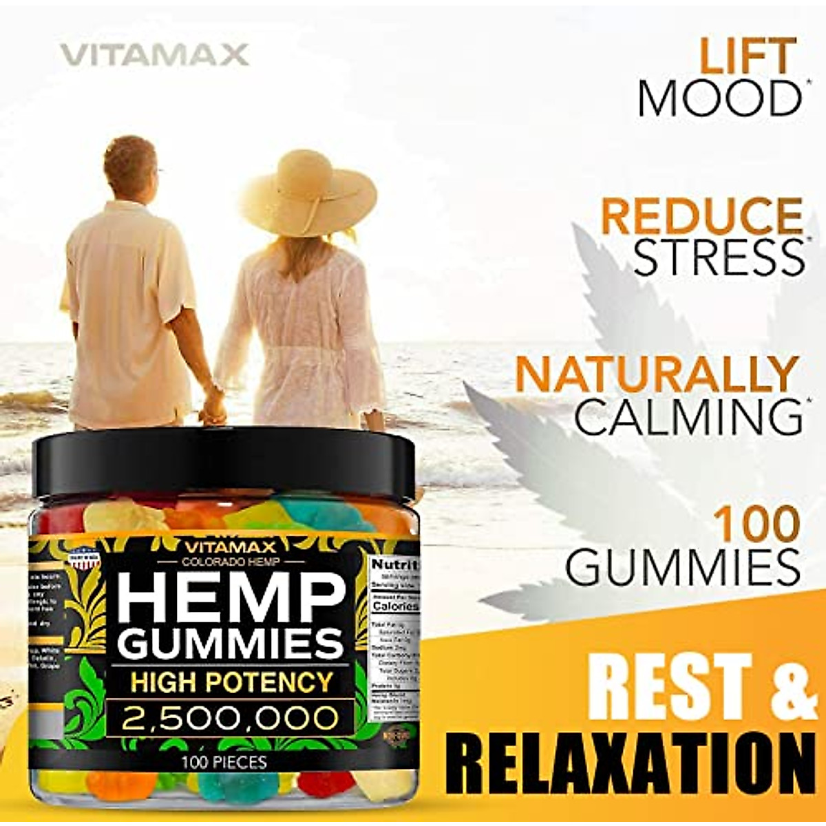 Vitamax Hemp Gummies - Great for Peace & Relaxation - 2,500,000 - Natural Fruit Flavors Tasty Relief – Made in USA – Relaxing Gummies – 100ct