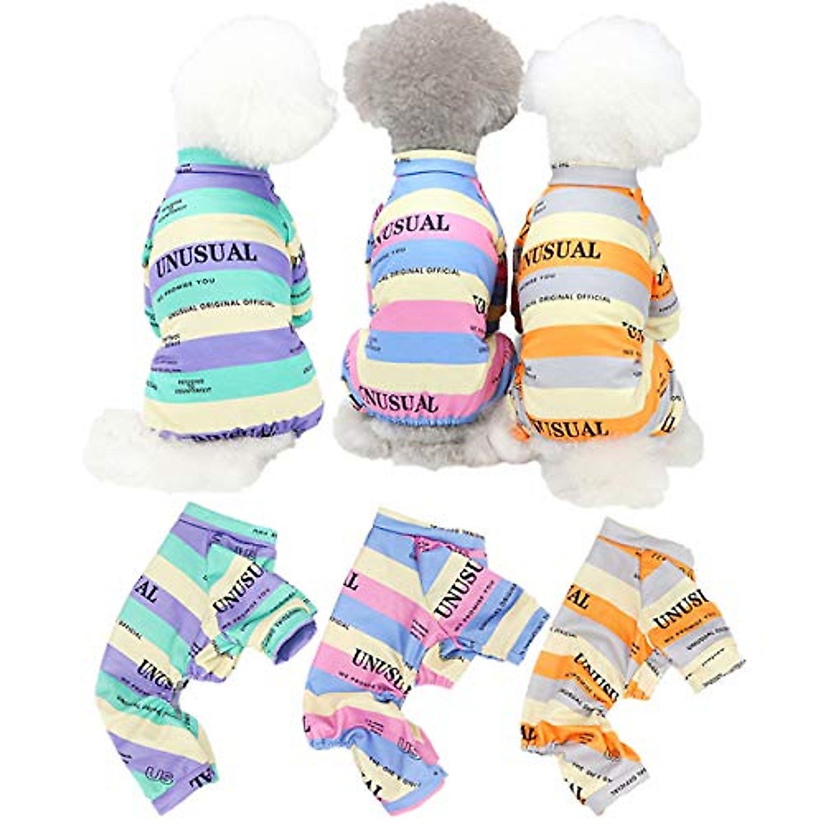 3 Pack of Small Dog Shirt Letter Print Stripe Short Sleeve Green PJS Jumpsuit Soft Lightweight Cotton Onesies for Pet Dog Puppy Cat Apparel Clothes S