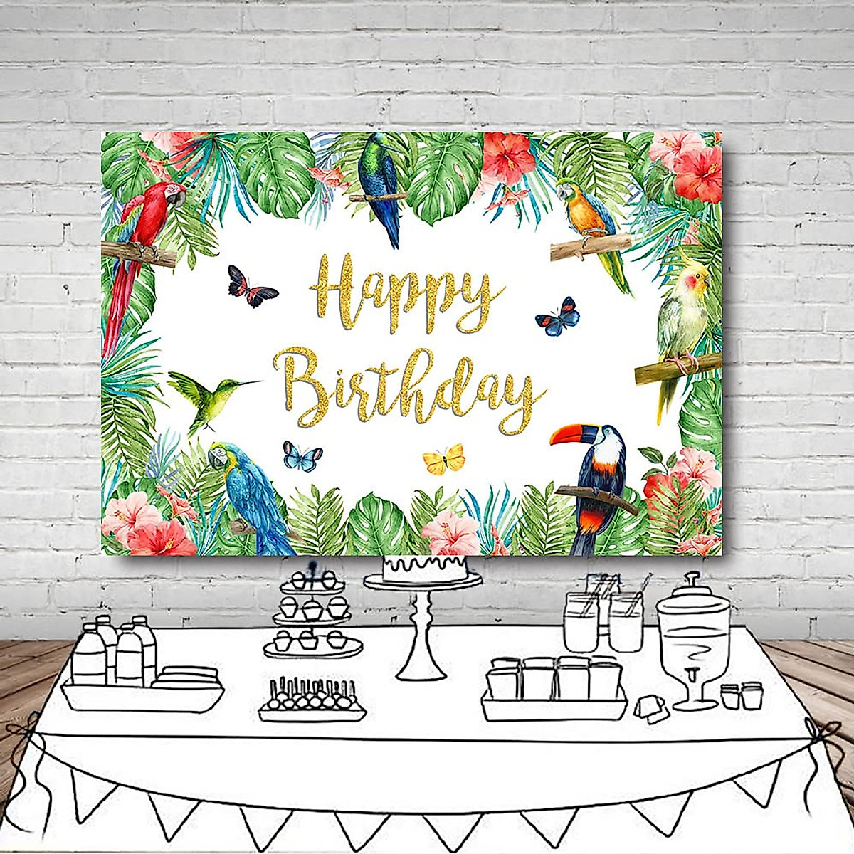 MEHOFOND 7x5ft Tropical Bird Birthday Backdrop Summer Toucan Palm Leaves Gold Glitter Happy Birthday Banner Photography Background Parrot Hummingbird Luau Decoration Photobooth Props