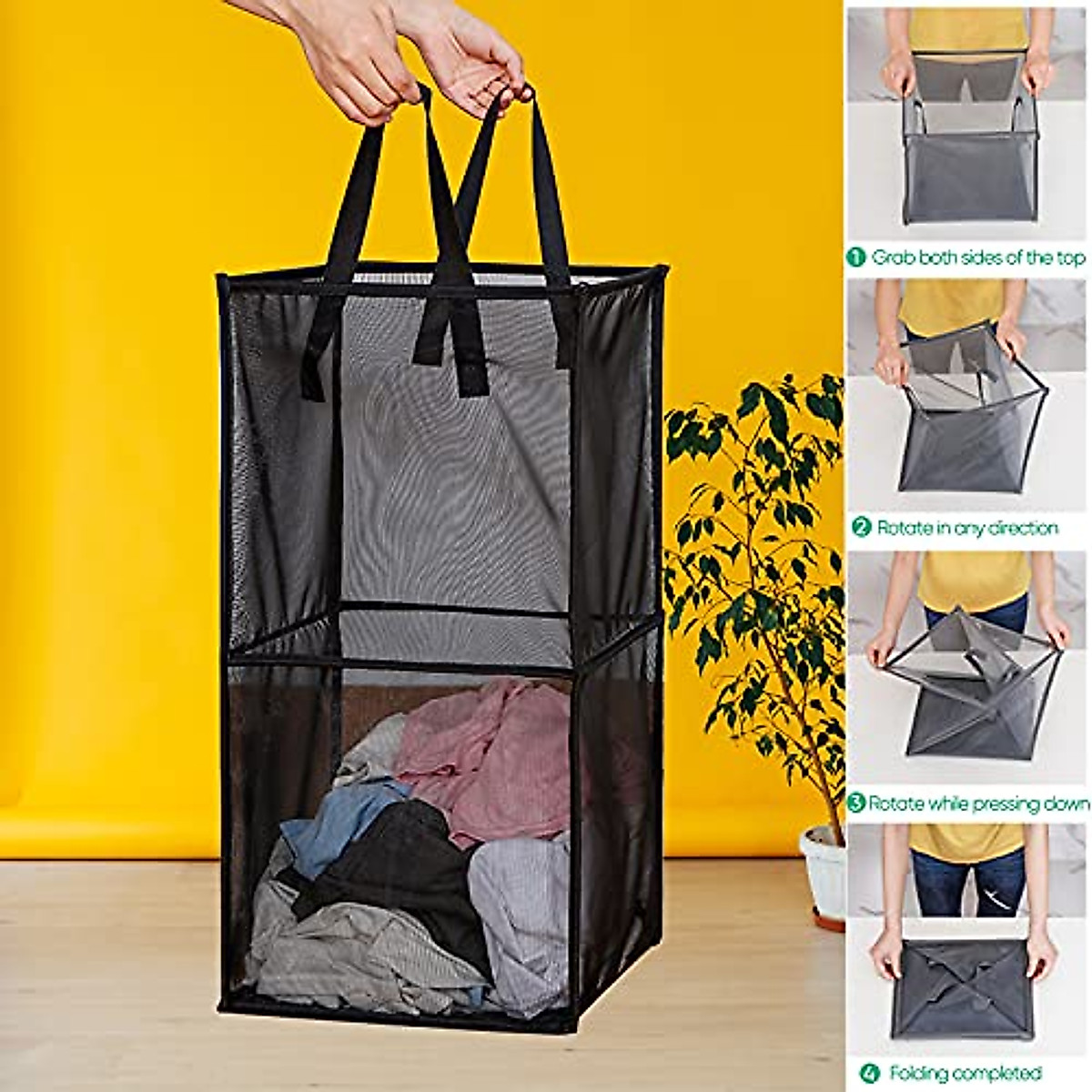 2 PC Folding Mesh Laundry Basket Dorm Laundry Bag Mesh Laundry Hamper Foldable Collapsible Laundry Tote Mesh Baskets Portable Mesh Carrier Pop Up Hamper for Laundry Room, Apartment(Grey, 2 Layer)