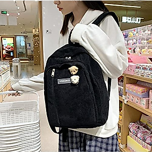 MBVBN Stripe Cute Corduroy Backpack Student Shoulder Bag with 3D Bear Pendant (Black) Medium