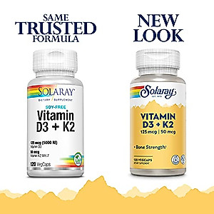 SOLARAY Vitamin D-3 + K-2, Calcium Absorption, Bone Strength, Cardiovascular & Immune Function Support (120 Count (Pack of 1))