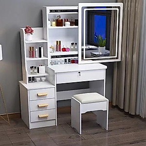 Vanity Desk with LED Lighted Mirror,Vanity Desk with Mirror and Lights,Makeup Table with Drawers,Vanity Desk with Storage Shelves,Makeup Table Stool,Vanity Desk with Light for Bedroom Dressing Table