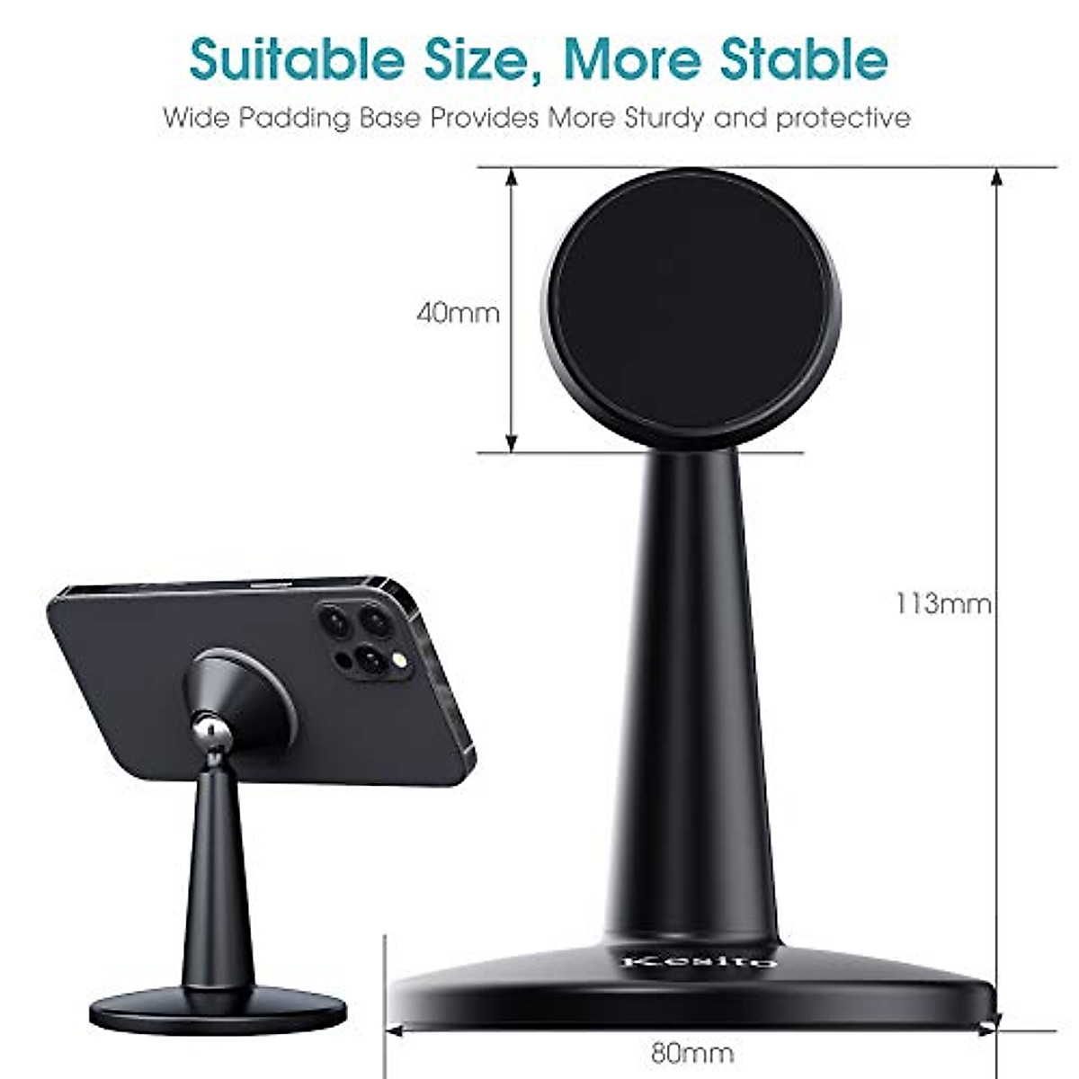 Magnetic Phone Stand for Desk, Kesito Metal Cell Phone Stands and Holders for Facetime, Desktop, Compatible with iPhone 5 6 7 8 X XR XS 11Pro max Plus, Samsung (Black)