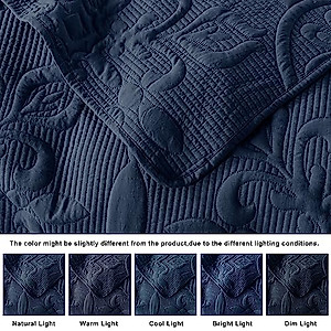 Boho Quilt California Cal King Size Bedding Sets with Pillow Shams, Damask Oversized Lightweight Soft Bedspread Coverlet, Navy Blue Quilted Blanket Thin Comforter Bed Cover, 3 Pieces, 118x106 inches