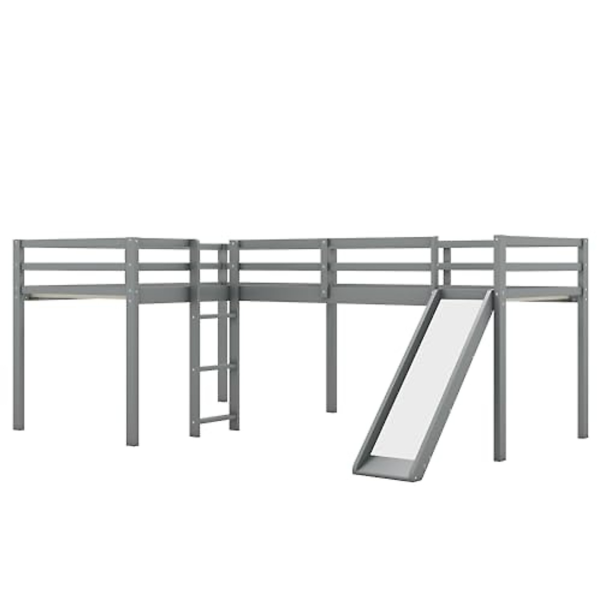BOVZA L-Shaped Double Twin Size Loft Bed with Slide, Wooden Low Loft Bed Frame with Built-in Ladder and Safety Guardrail for 2 Kids Girls or Boys, Gray