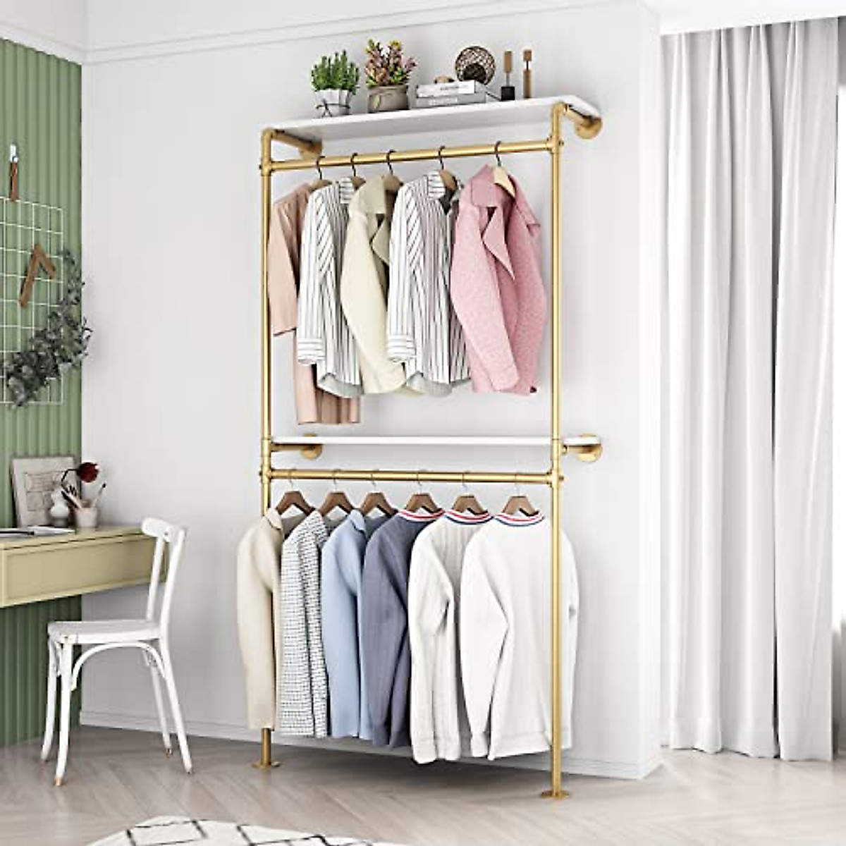 DR.IRON Gold Pipe Clothing Racks with 2 Tier Shelves, Wall Mounted Gold Clothes Rack with Double Hanging Rods Heavy Duty Garment Storage Rack Display Racks Rod for Clothes,Laundry Room