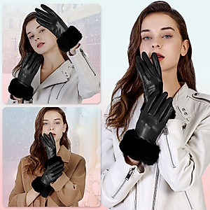 GSG Women Leather Gloves Rabbit Fur Cuff Touchscreen Winter Warm Driving GlovesBlack L