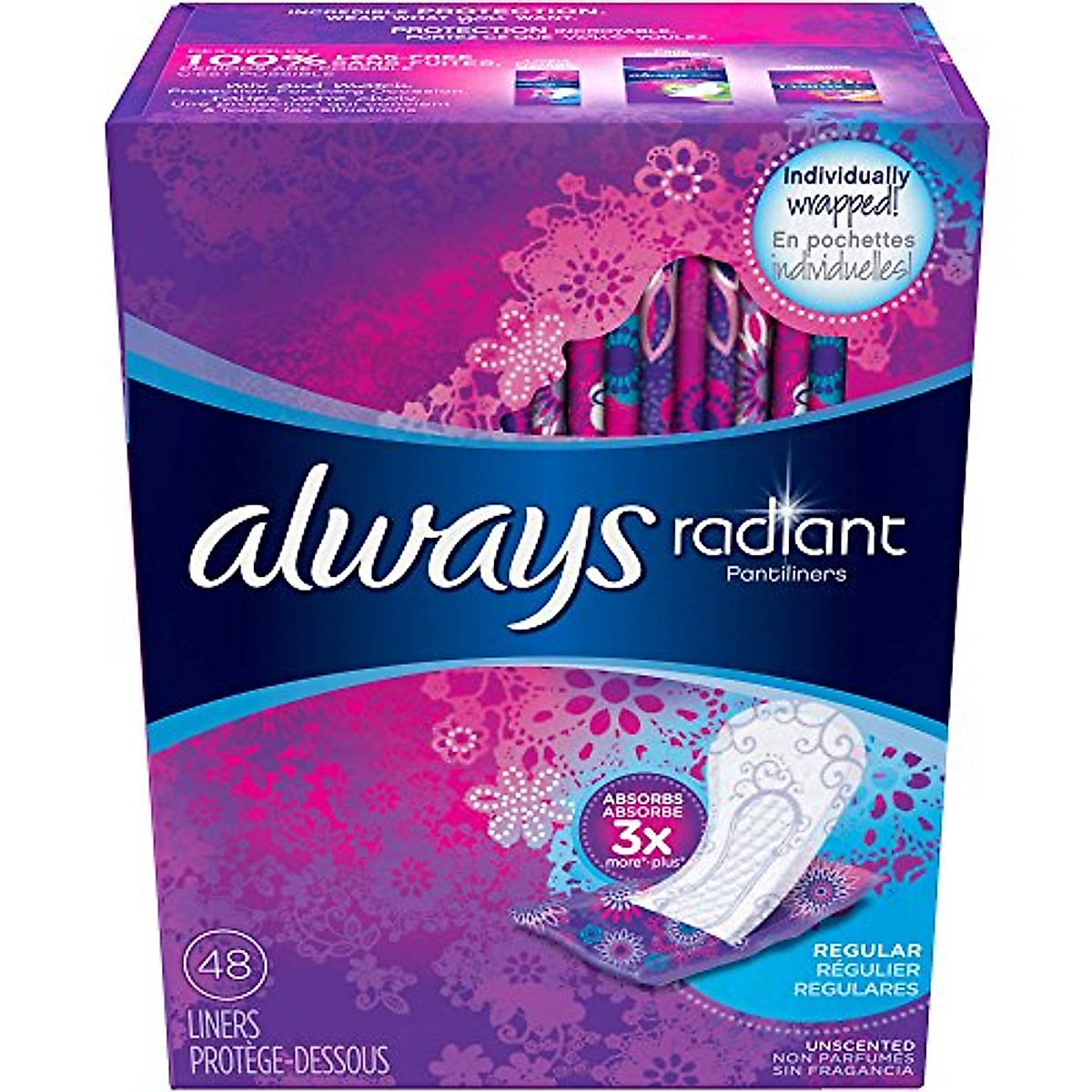 Always Radiant Pantiliners, Regular, Unscented, 96 Liners (Pack of 2)