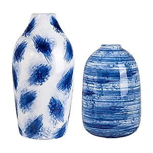 TERESA'S COLLECTIONS Blue Ceramic Vase for Modern Home Decor, Blue and White Vases for Flowers, Glazed Vases with Brush Effect for Centerpieces, Shelf, Living Room, Mantel -Set of 2, 7&8 inches